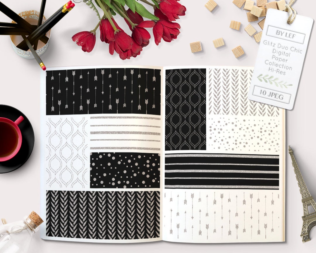 Silver Glitter Digital Paper Black and White Background Pack. Arrows ...