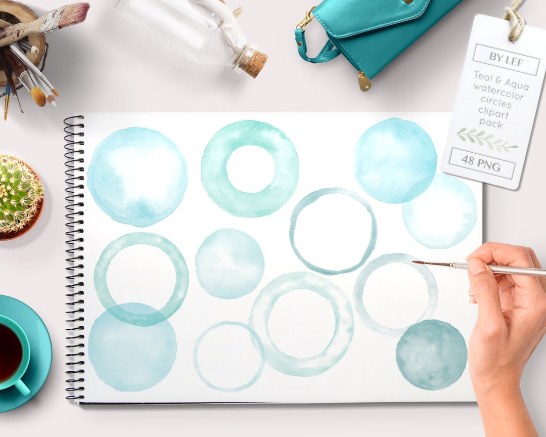 Watercolor Clipart Circles and Frames (48 Pc) Teal Aqua Turquoise Green ...