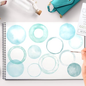 Watercolor Clipart Circles and Frames (48 Pc) Teal Aqua Turquoise Green ...