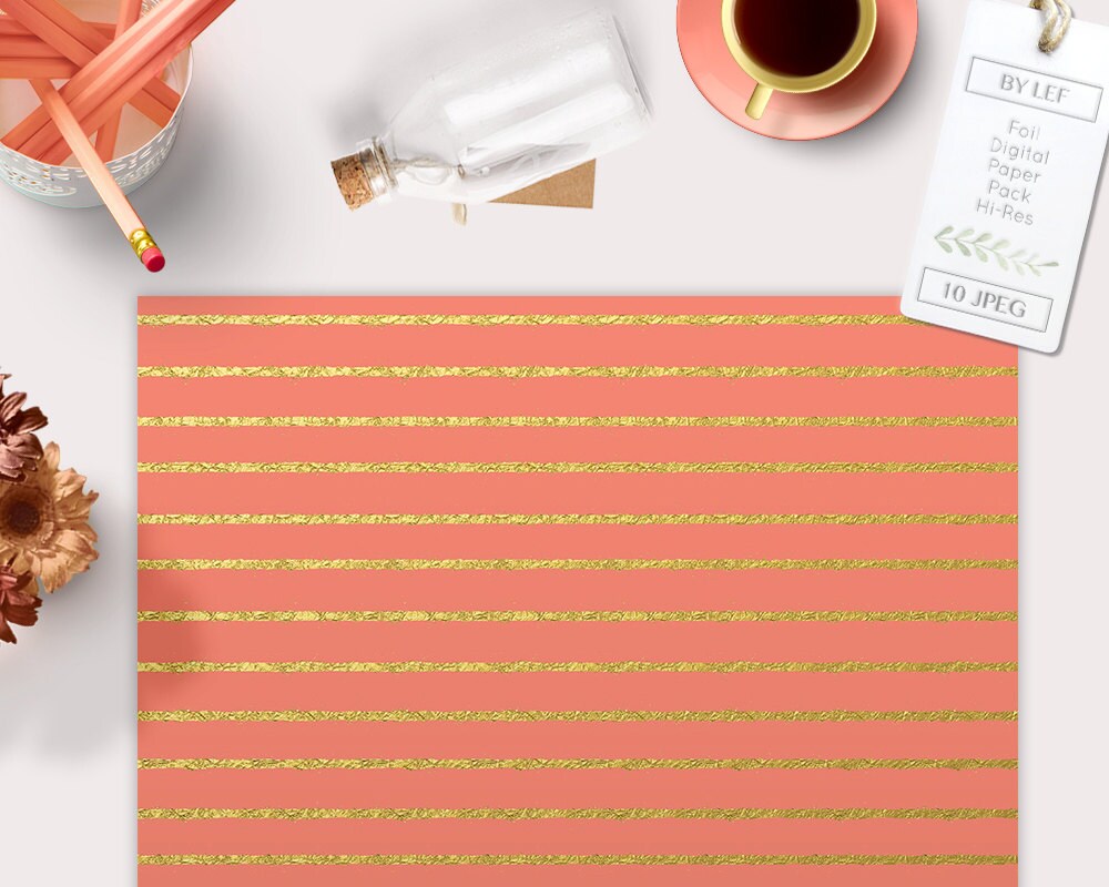 Coral and Gold Foil Digital Paper. Fashion Stripes and Dots - Etsy