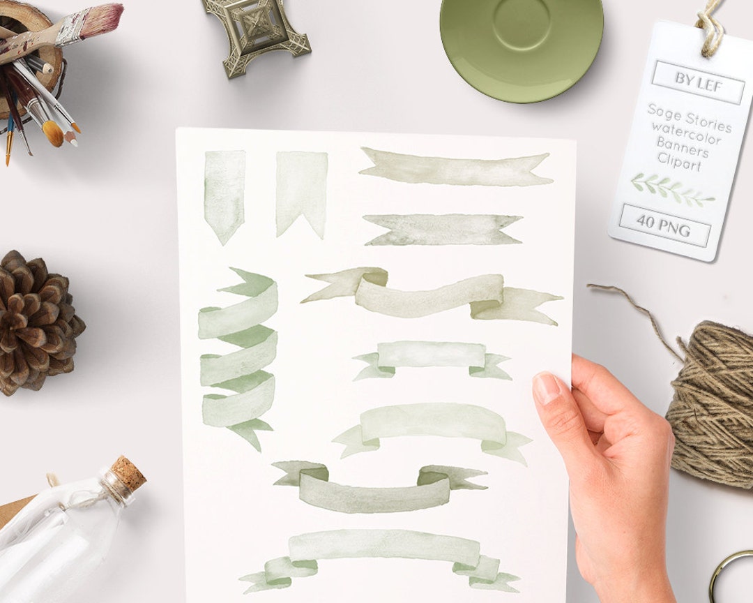Watercolor Banners Clipart, Green Watercolor Clipart, Ribbon Clipart ...