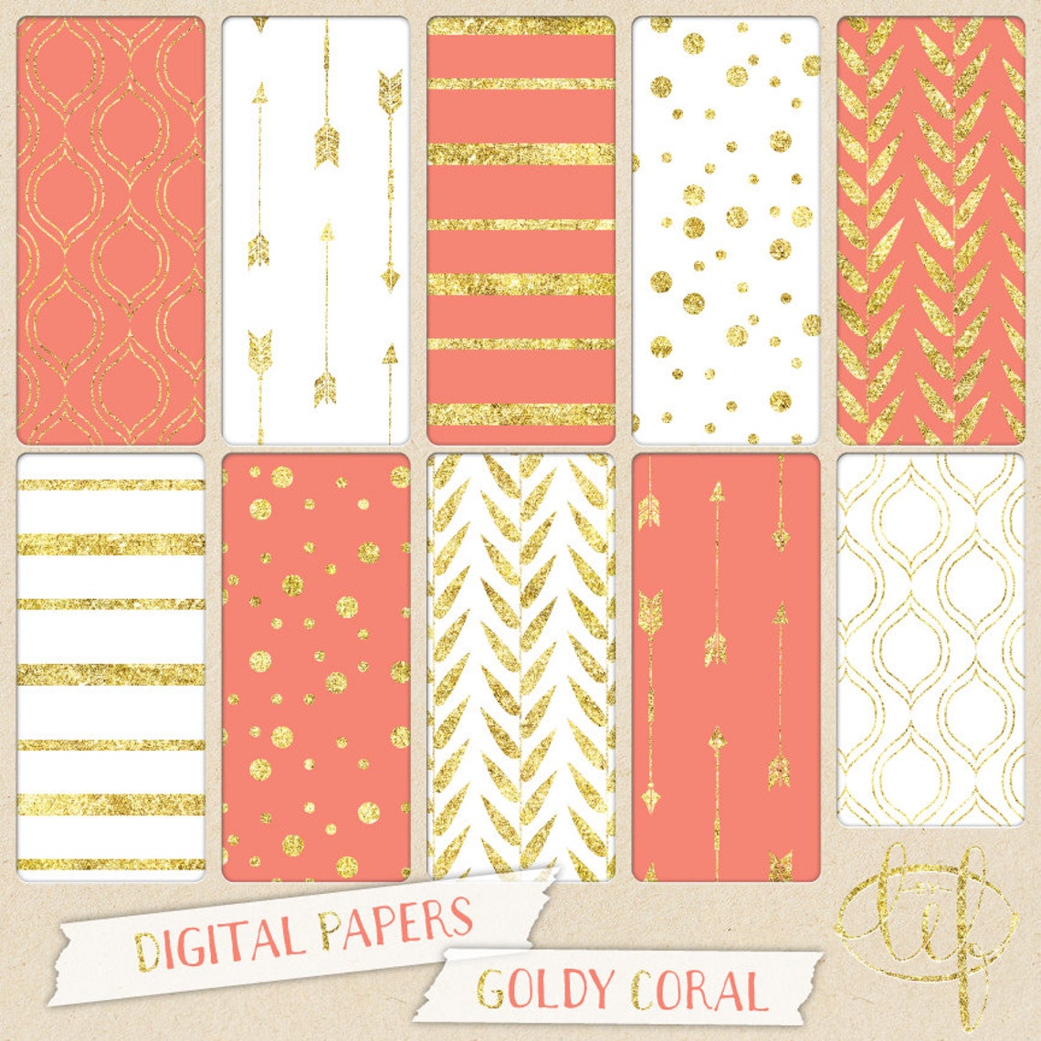 Coral and Gold Digital Paper Pack Including White Gold Glitter | Etsy