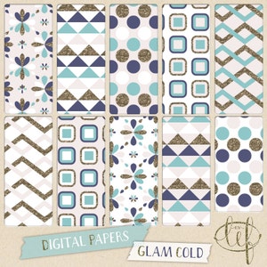 Gold Glitter Digital Paper Set, Turquoise, Navy Gold and Soft Pink ...
