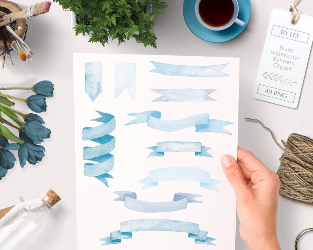 Watercolor Banner Clipart, Ribbons Clipart, Blue Banner Clipart, Baby ...