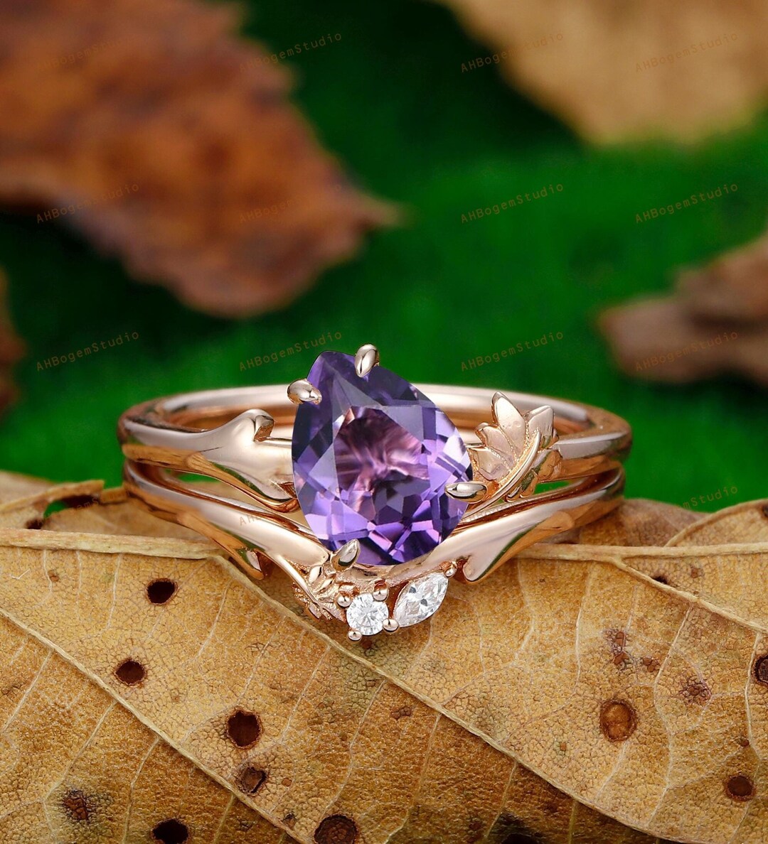 Amethyst Bridal Set,pear Cut Natural Amethyst Wedding Ring Set,leaf ...