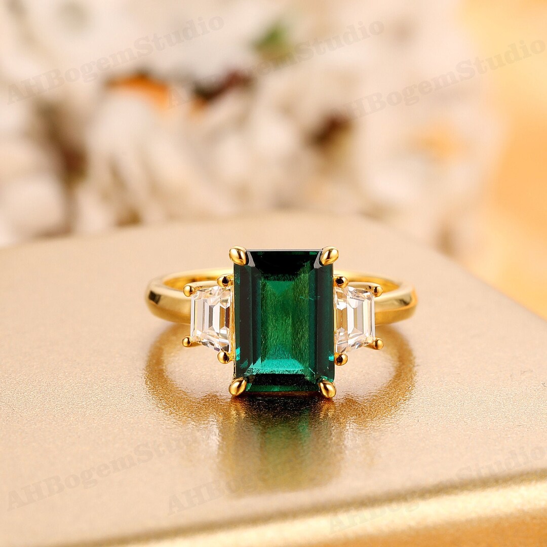 Retro Ring,3ct Emerald Cut Lab Created Emerald Engagement Ring ...