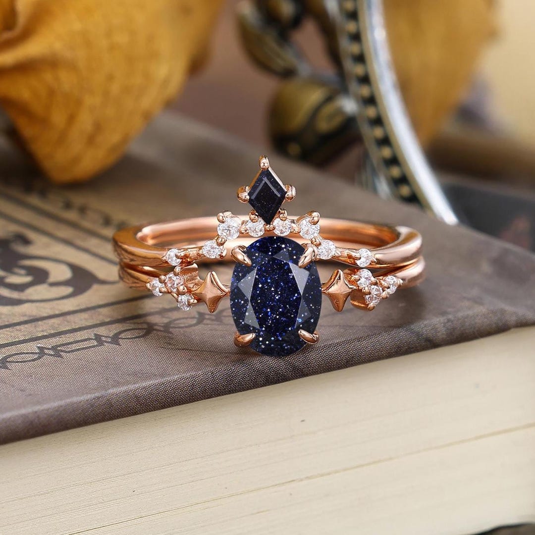 Orion Nebula Oval Blue Sandstone Bridal Set,blue Gemstone Engagement ...