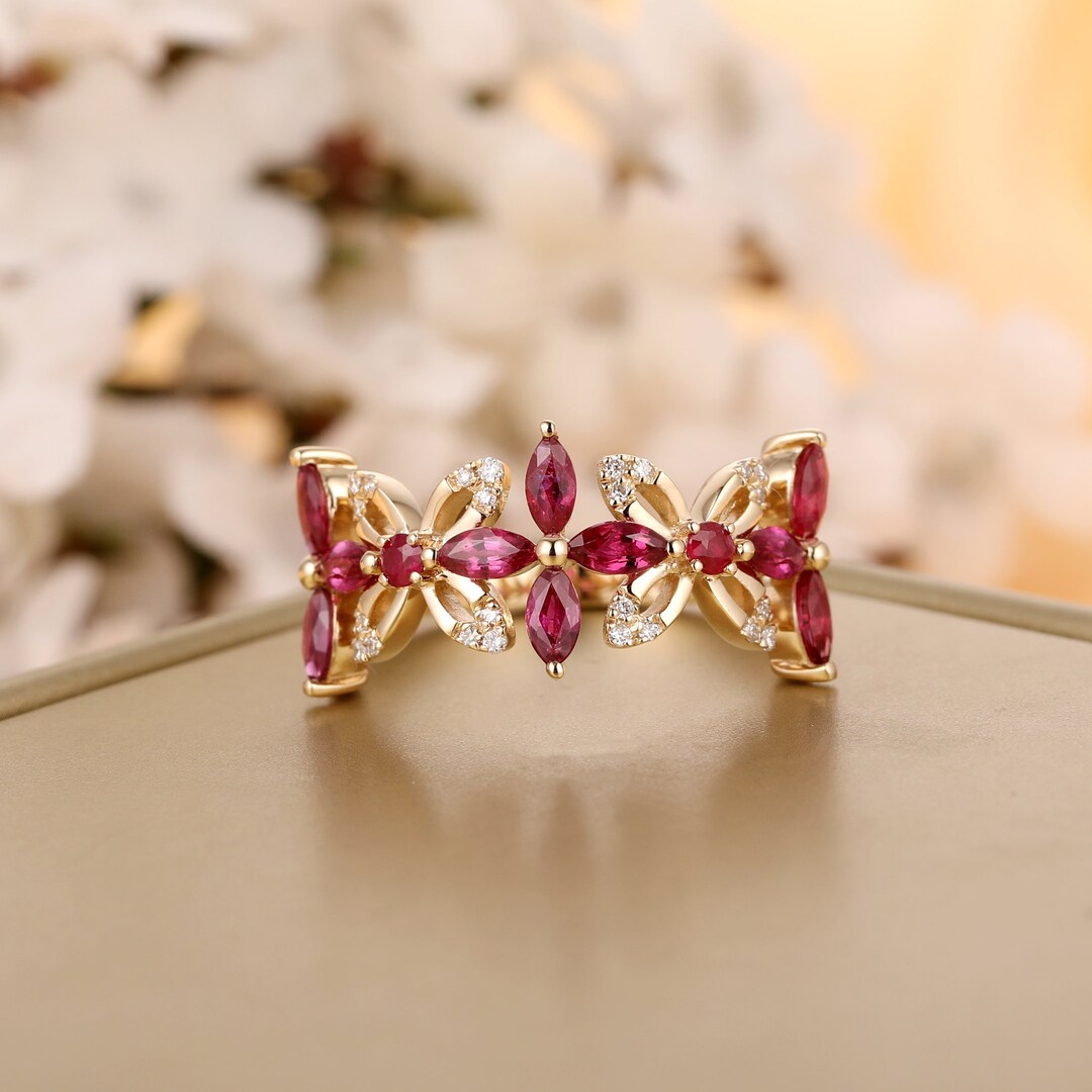 1.1CTW Natural Marquise Ruby,14k Yellow Gold Female Ring,flower Design ...