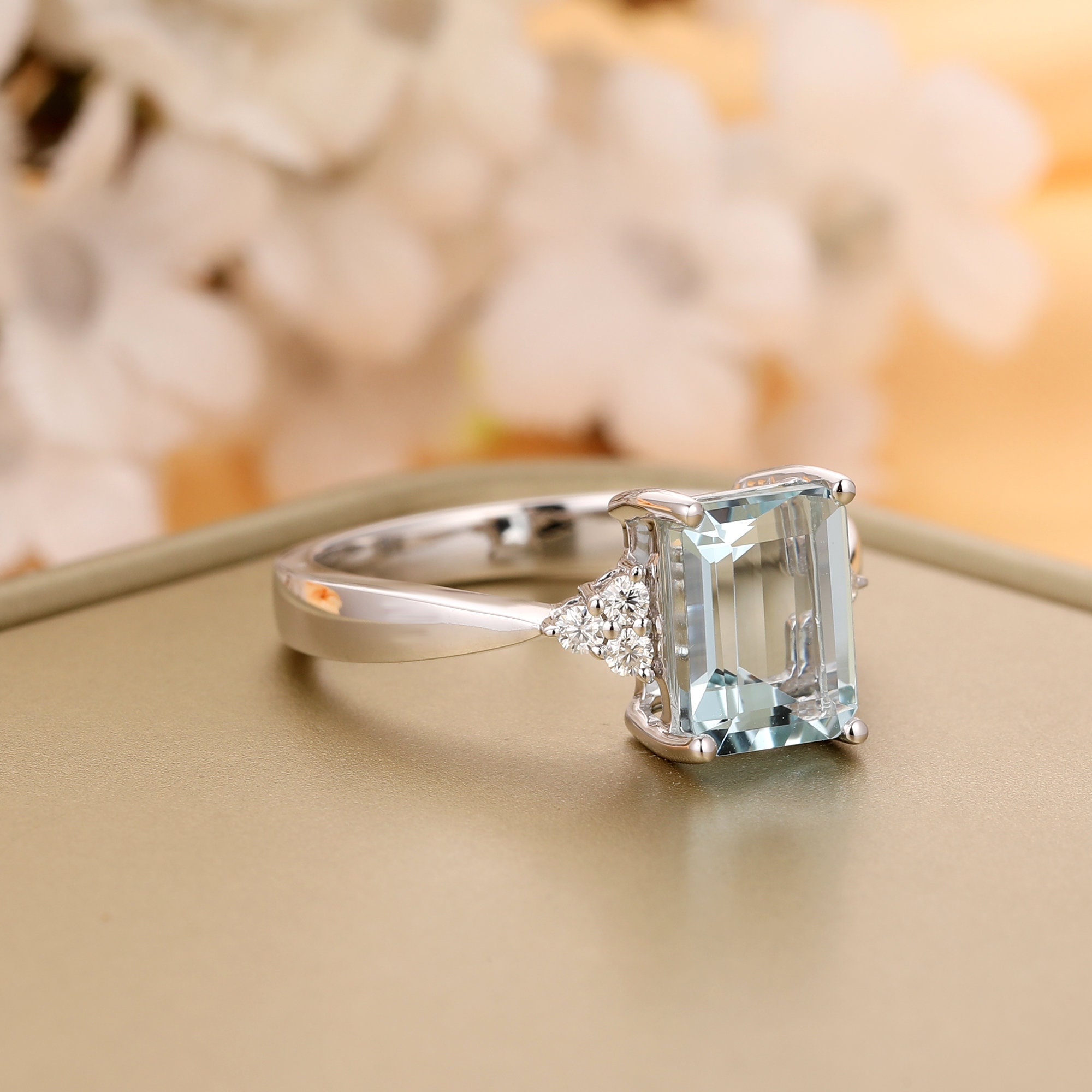 Brilliant 6x8mm Emerald Cut Natural Fancy Aquamarine Engagement Ring ...