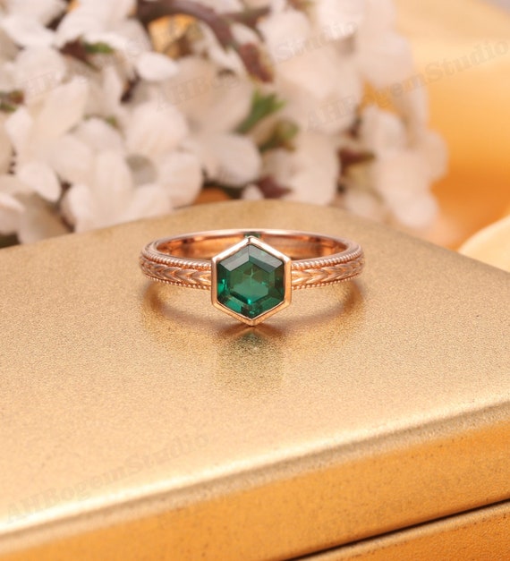 Vintage Emerald Ring6mm Hexagon Cut Lab Created Emerald - Etsy