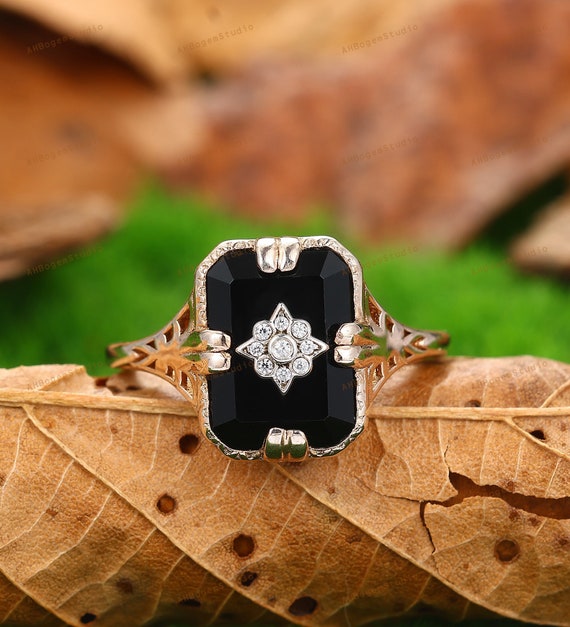 Art Deco Black Onyx Ring emerald Cut Natural Black Onyx Engagement Ring anniversary Gift for Women solid Rose Gold Ring handcrafted Ring Etsy