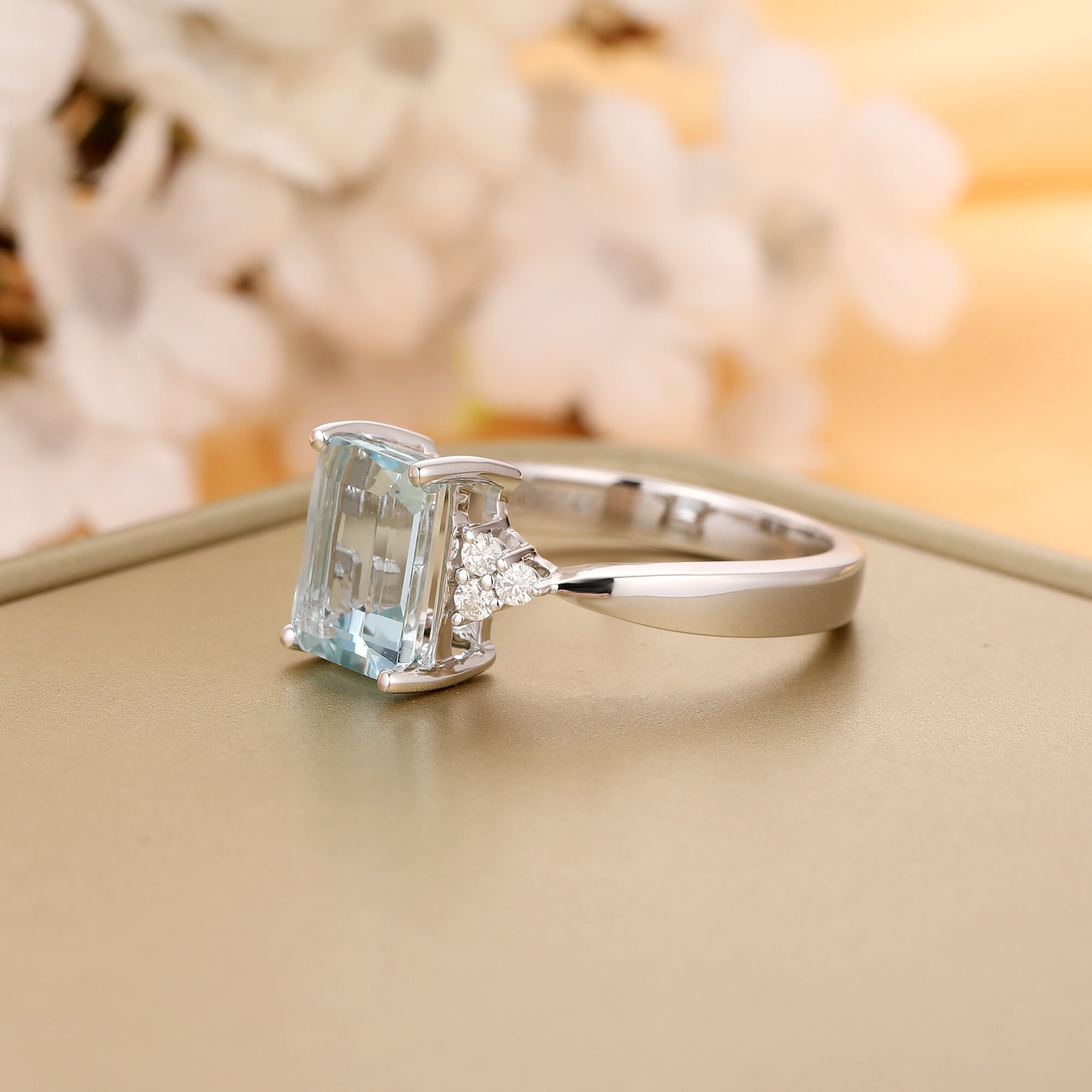 Brilliant 6x8mm Emerald Cut Natural Fancy Aquamarine Engagement Ring ...