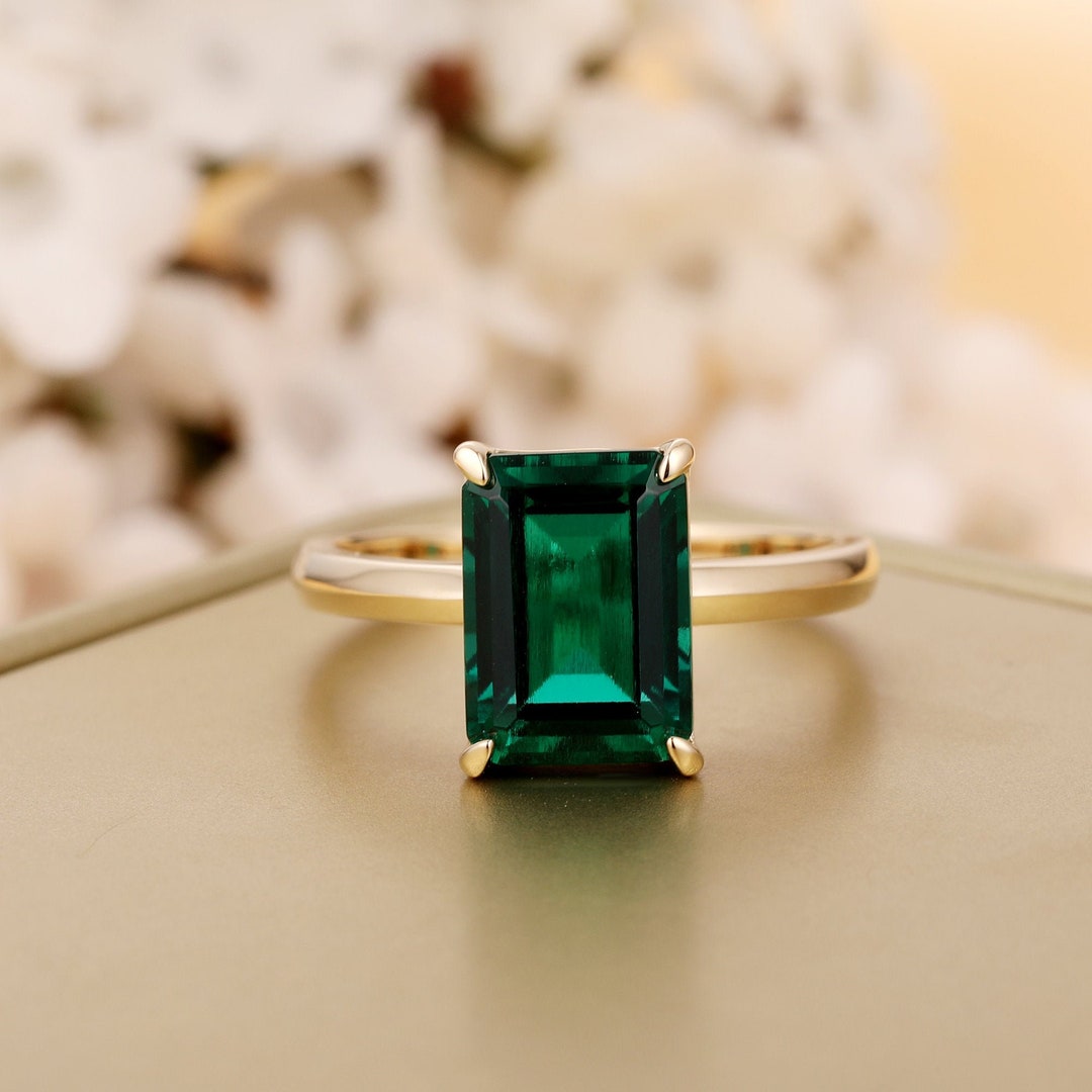 Solitaire Ring,solid 14K Gold Brilliant 8x11mm Lab Created Emerald ...