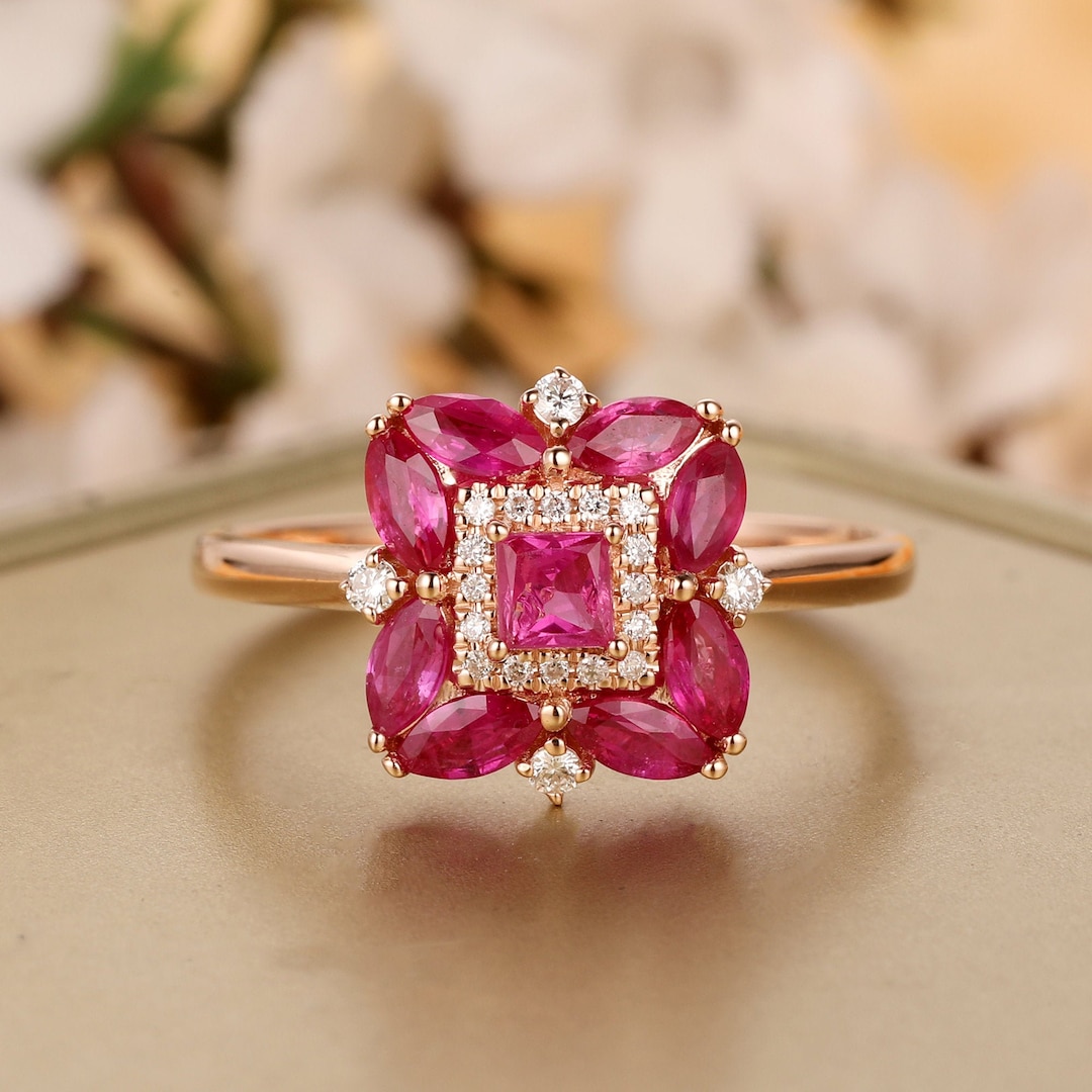 1.13CTW Natural Ruby Center,14k Rose Gold Female Ring,halo Design Red ...