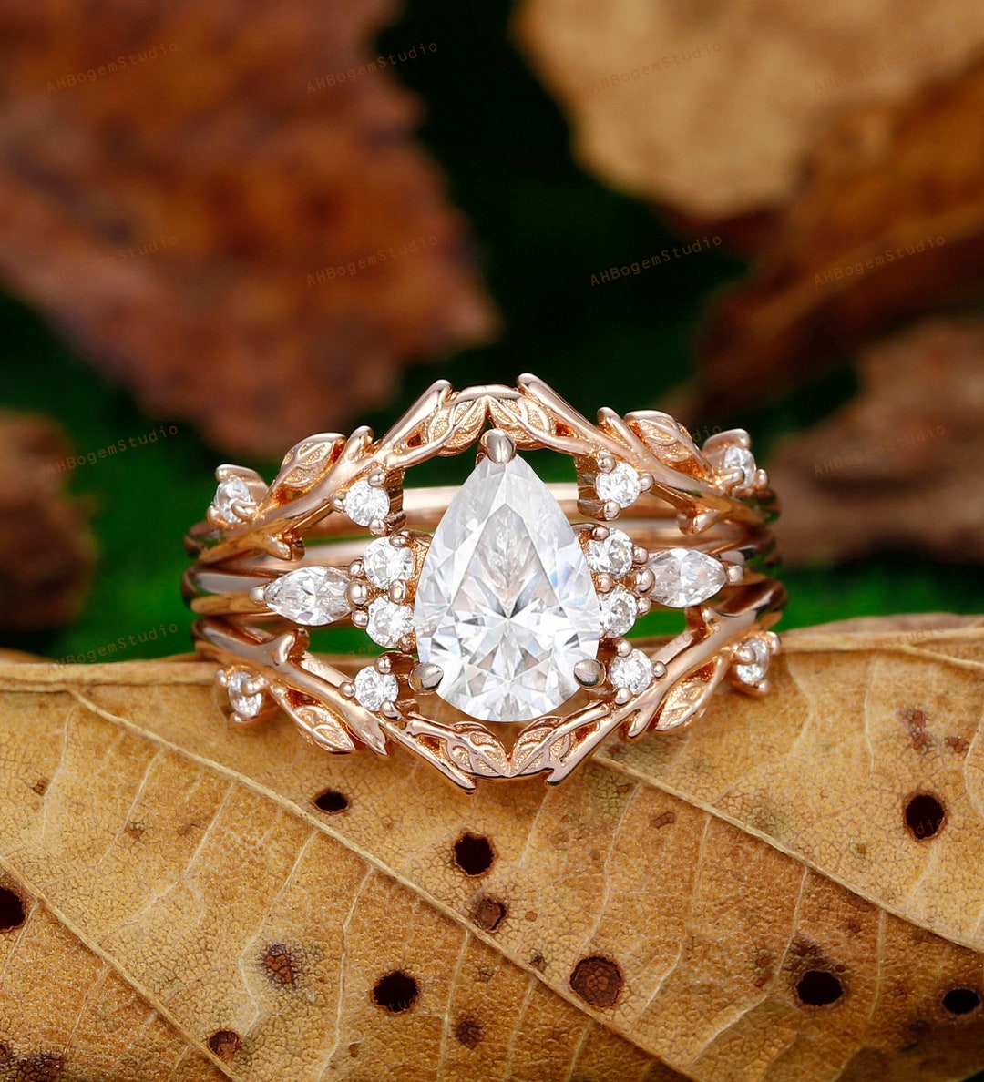 Custom Bridal Set,pear Cut 6x9mm Moissanite Wedding Ring Set,stackable ...