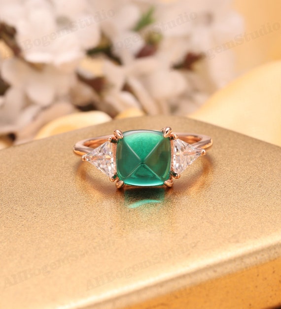 Fancy 2.50 CT Cushion Shape Sugar Loaf Cut Emerald Ring 3 Stone Ring trillion Shape Moissanite Ring promise Ring 14k 18k Solid Gold Ring Etsy Israel