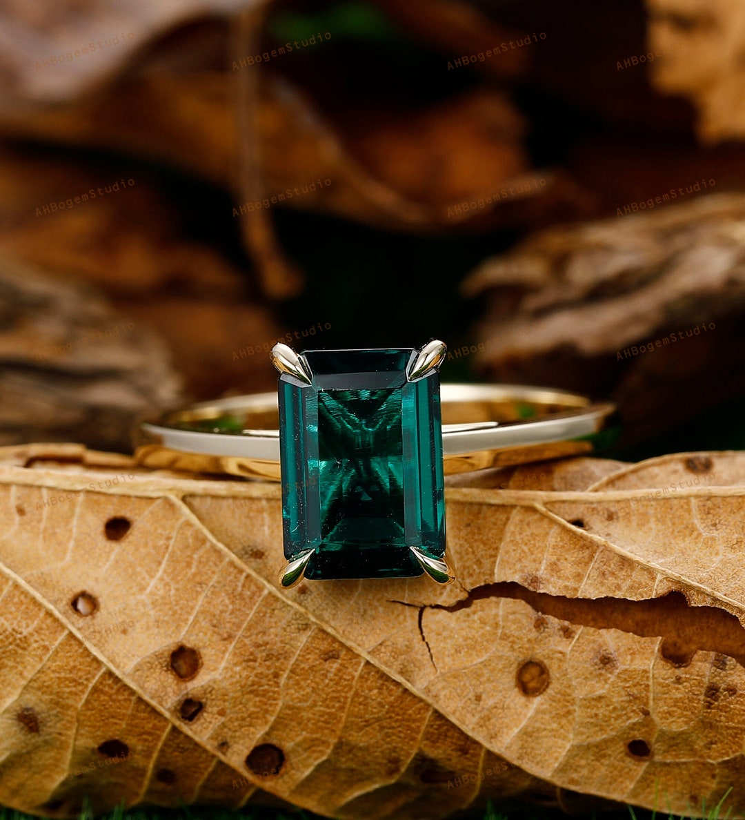 Claw Prongs Ring,7x10mm Emerald Cut Emerald Engagement Ring,solitaire ...
