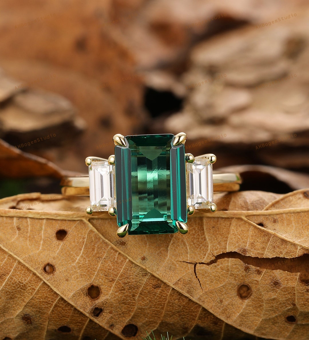 Art Deco Emerald Ring,7x10mm Emerald Center Engagement Ring,retro ...