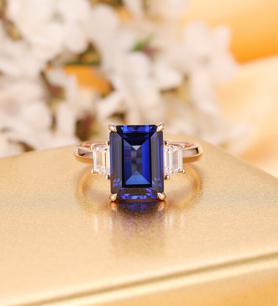 Blue Gemstone Ring8x11mm Emerald Cut Sapphire Center - Etsy