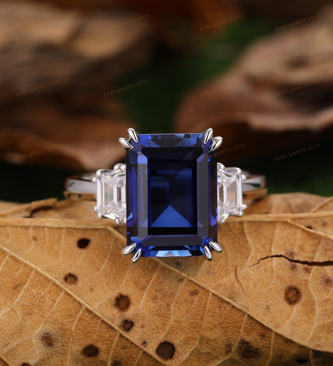 Blue Gem Ring,8x11mm Emerald Cut Sapphire Engagement Ring,anniversary ...
