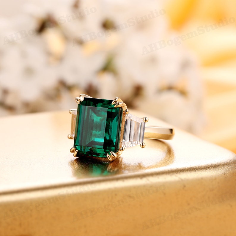 Vintage 9x11mm Emerald Cut Lab Created Emerald Ringdouble - Etsy