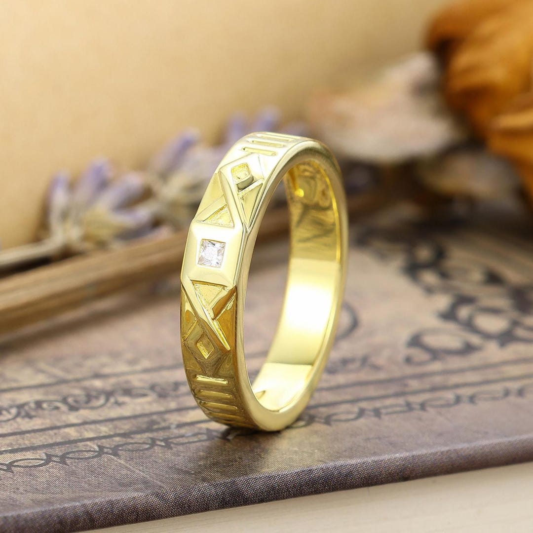 4mm Square Cut Moissanite Mens Engagement Ring 14K Yellow Gold Mens ...