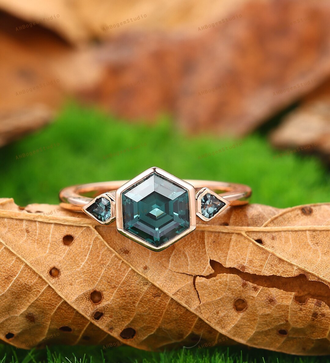 Vintage 7mm Hexagon Cut Teal Blue Sapphire Engagement Ring,bezel Set ...