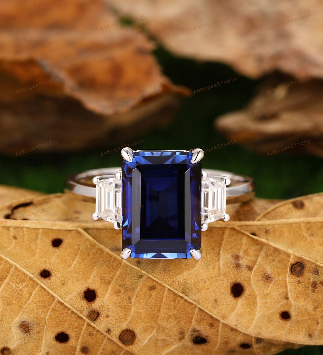Blue Gemstone Ring,8x11mm Emerald Cut Sapphire Center Engagement Ring ...