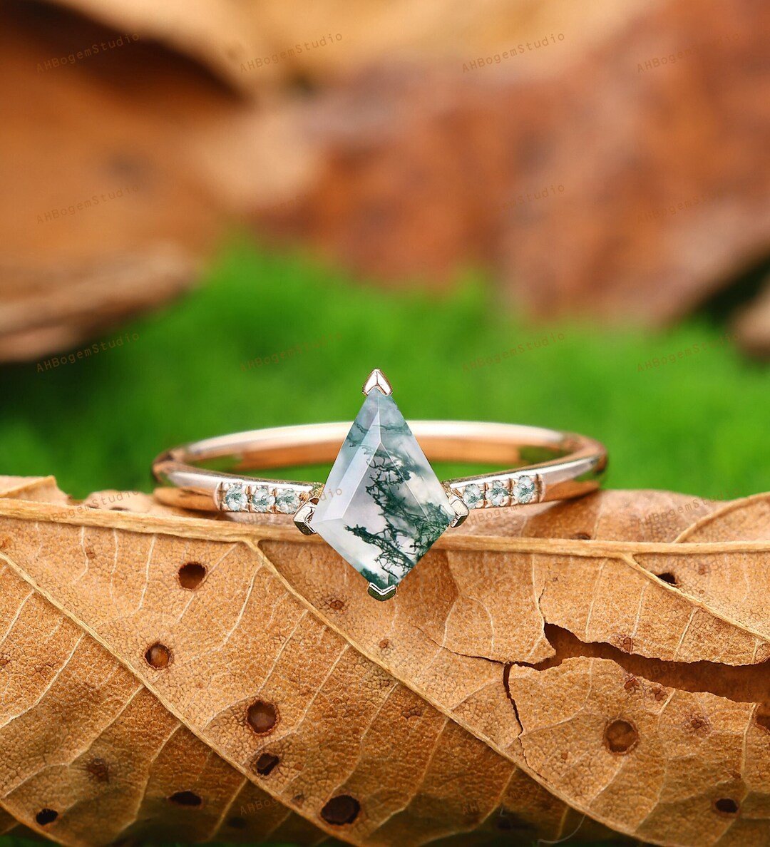 Agate Ring,kite Cut Natural Moss Agate Engagement Ring,anniversary Gift ...
