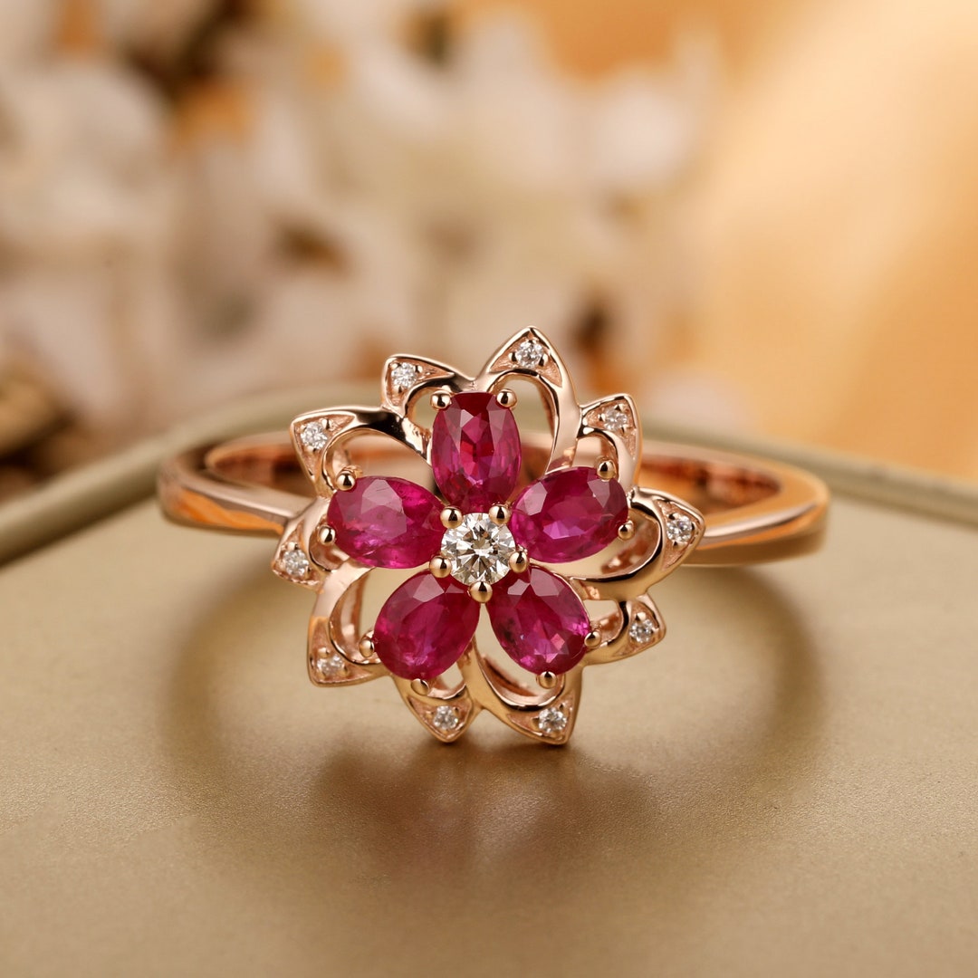 1.03CTW Natural Oval Ruby,solid 14K Rose Gold Female Ring,flower Design ...