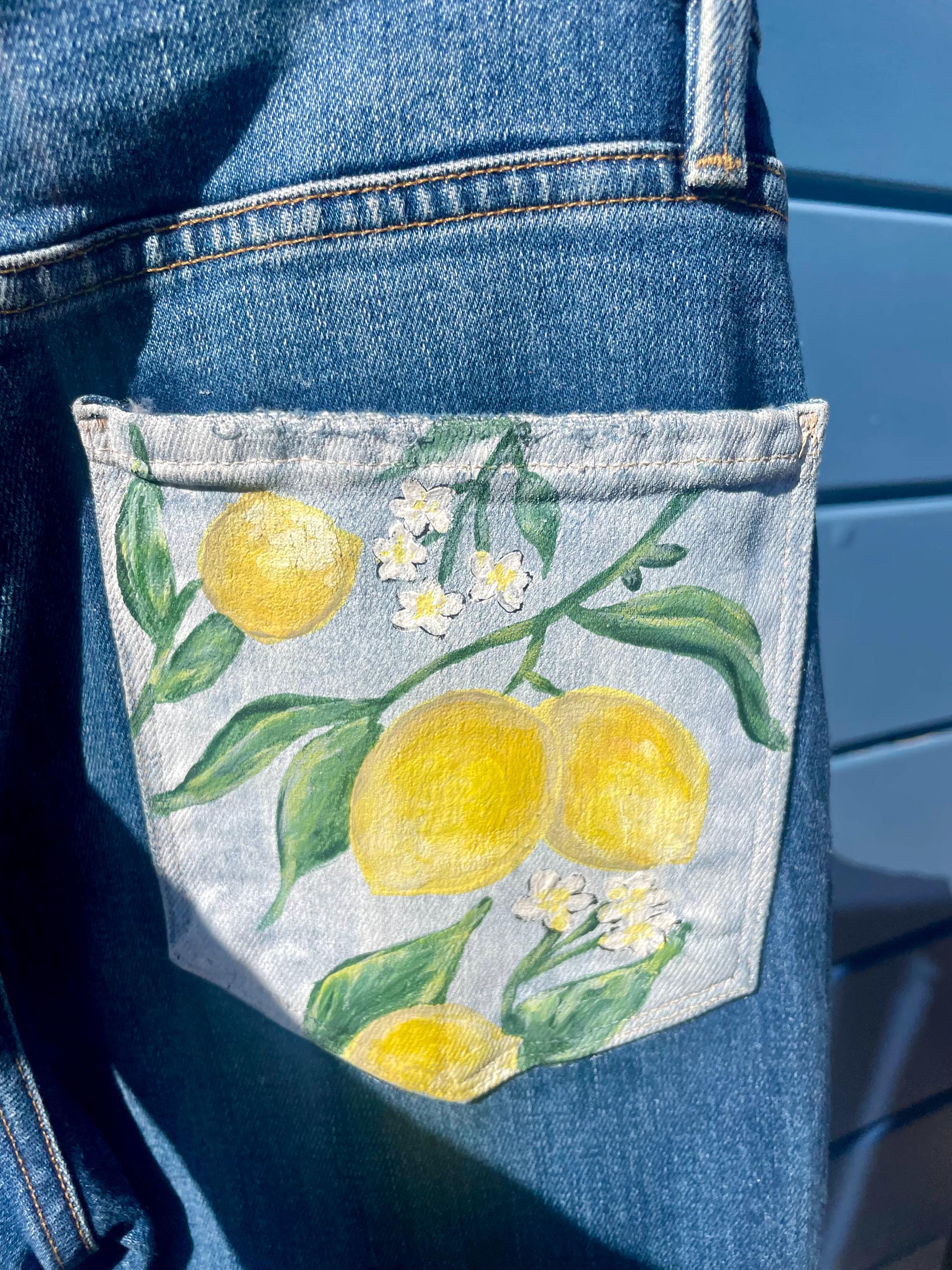 Hand-painted Lemon Pockets Goop X Frame Denim Jeans Size 26 - Etsy