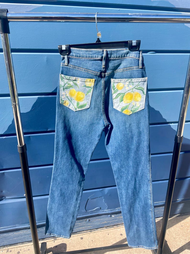 Hand-painted Lemon Pockets Goop X Frame Denim Jeans Size 26 - Etsy