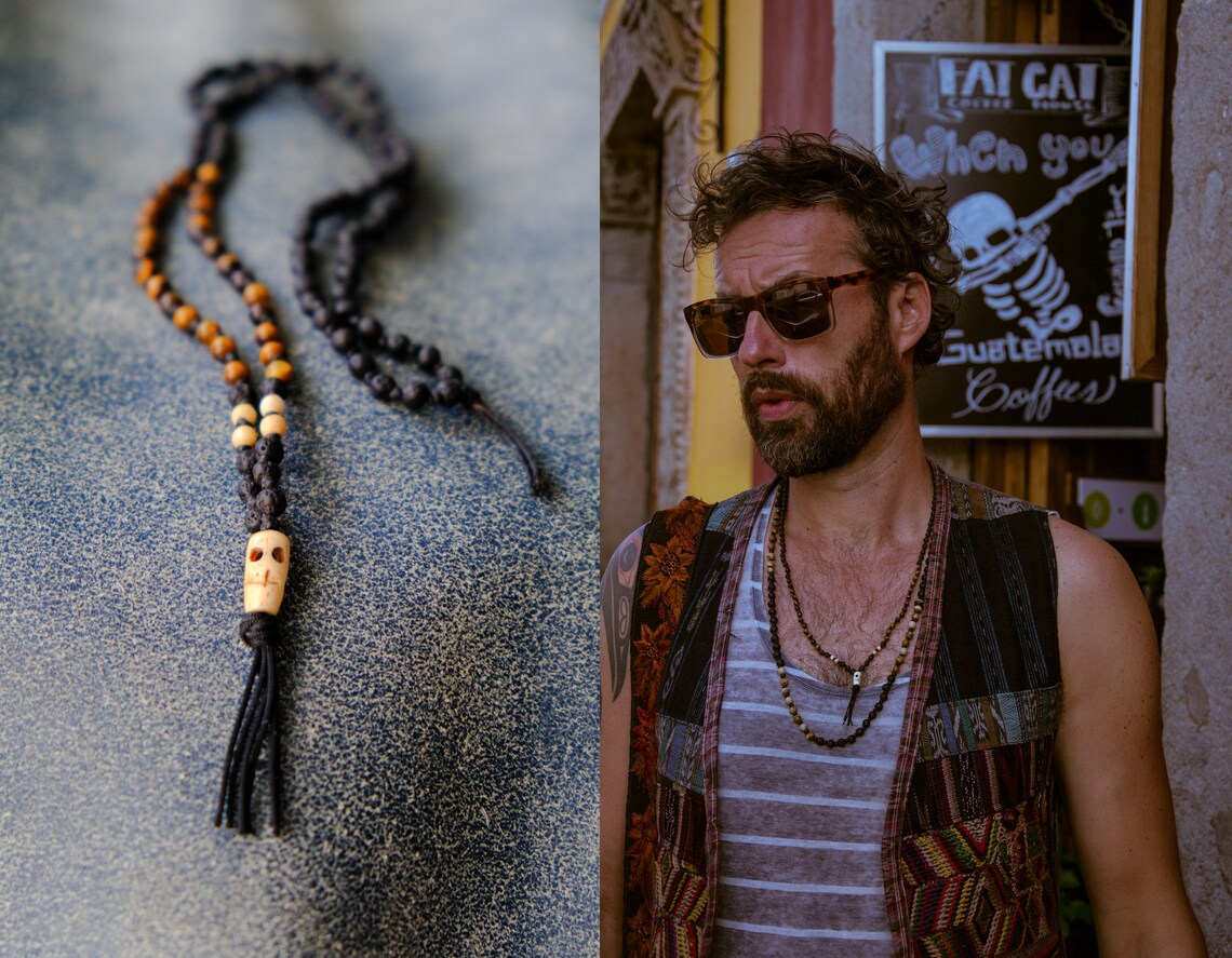 KALI MALA Slim Necklace With a Carved Bone SKULL // Skull | Etsy