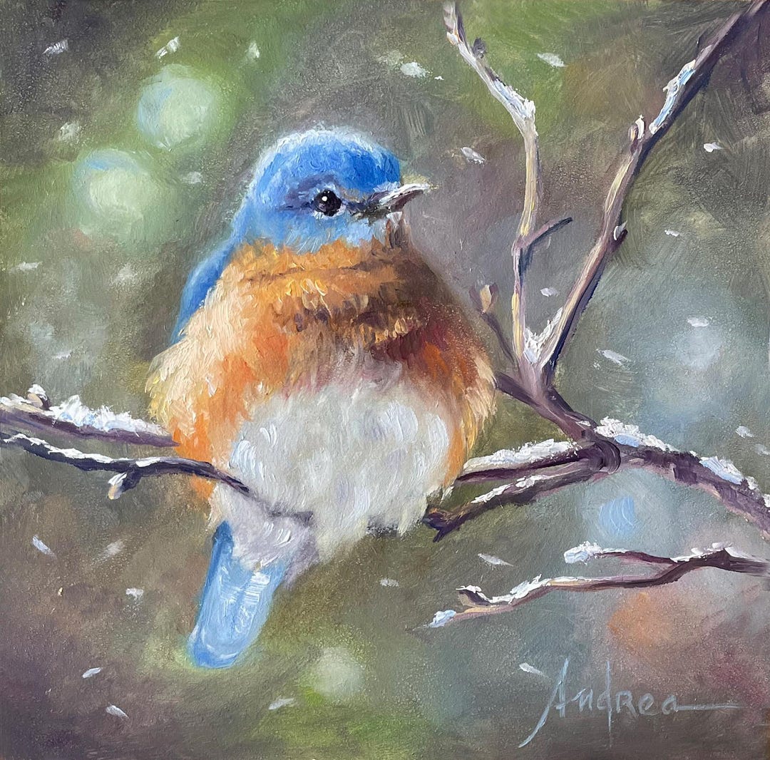 Blue Fluff & White Frost, 6x6 Original Oil Painting on Board. Gift For ...