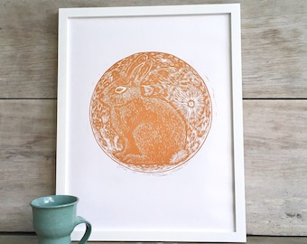 Moon Rabbit Original Linocut Art Print Black and Silver | Etsy