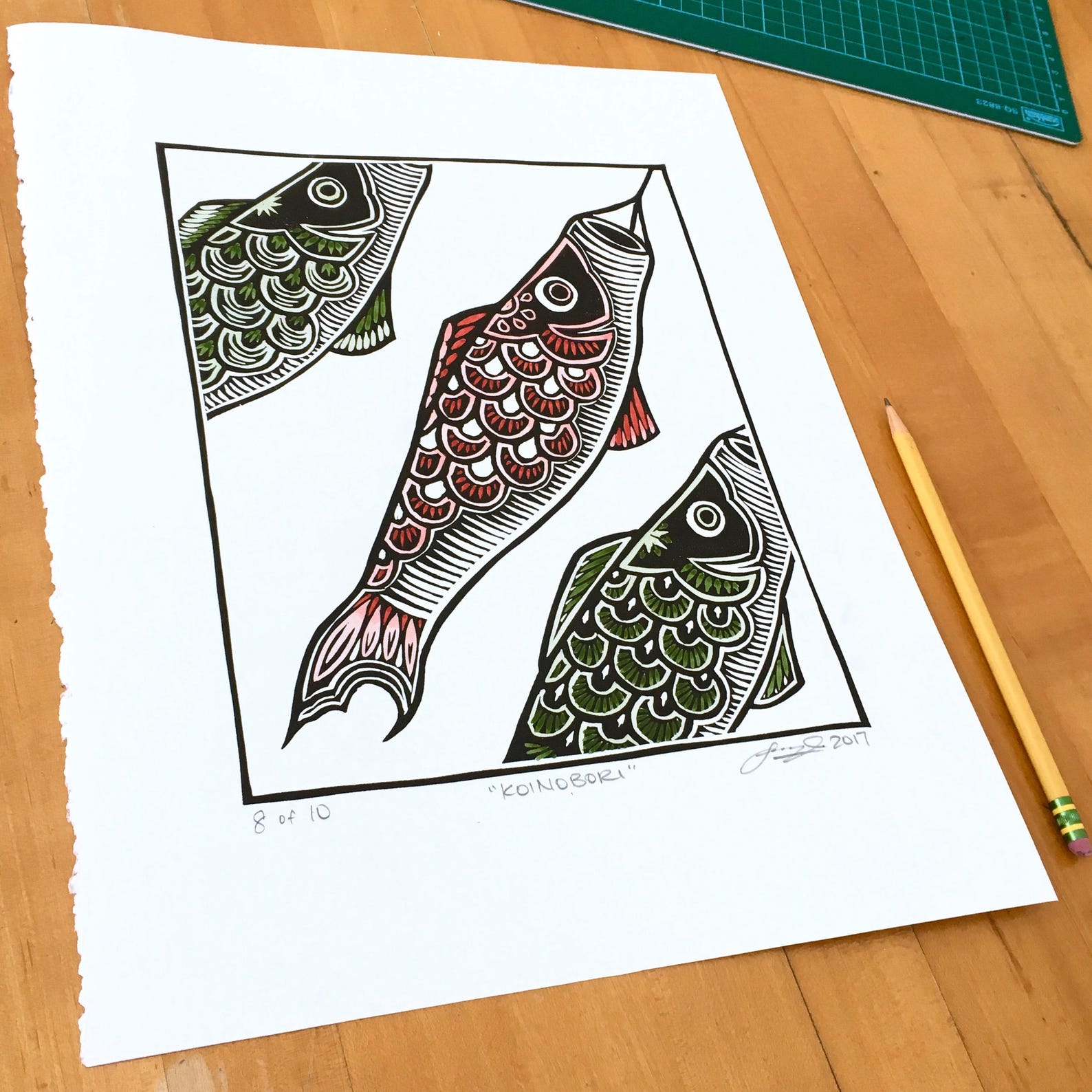 Koi Fish Koinobori Linocut Art Print, Red and Green - Etsy