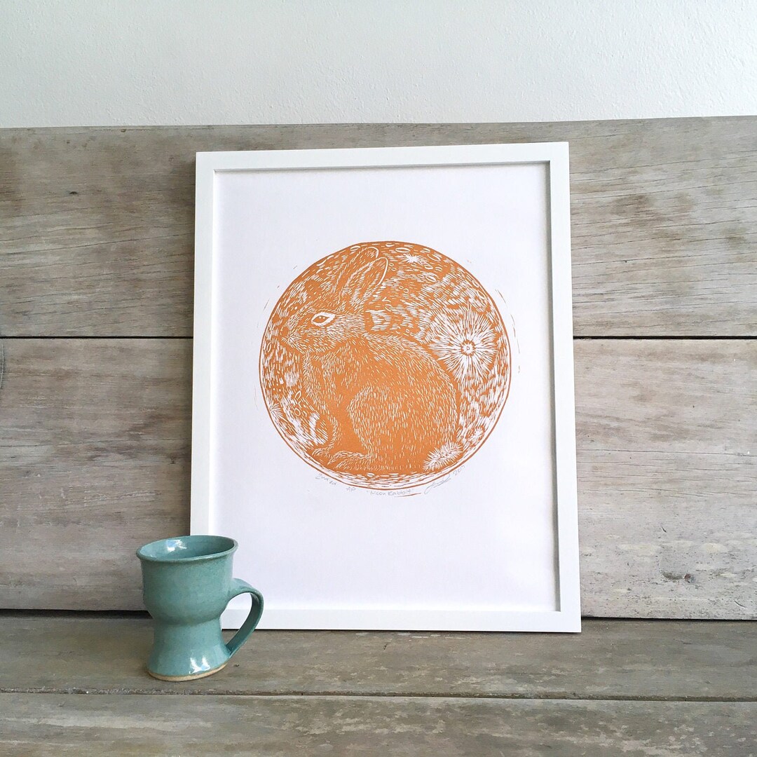 Moon Rabbit Original Linocut Art Print Copper Orange - Etsy