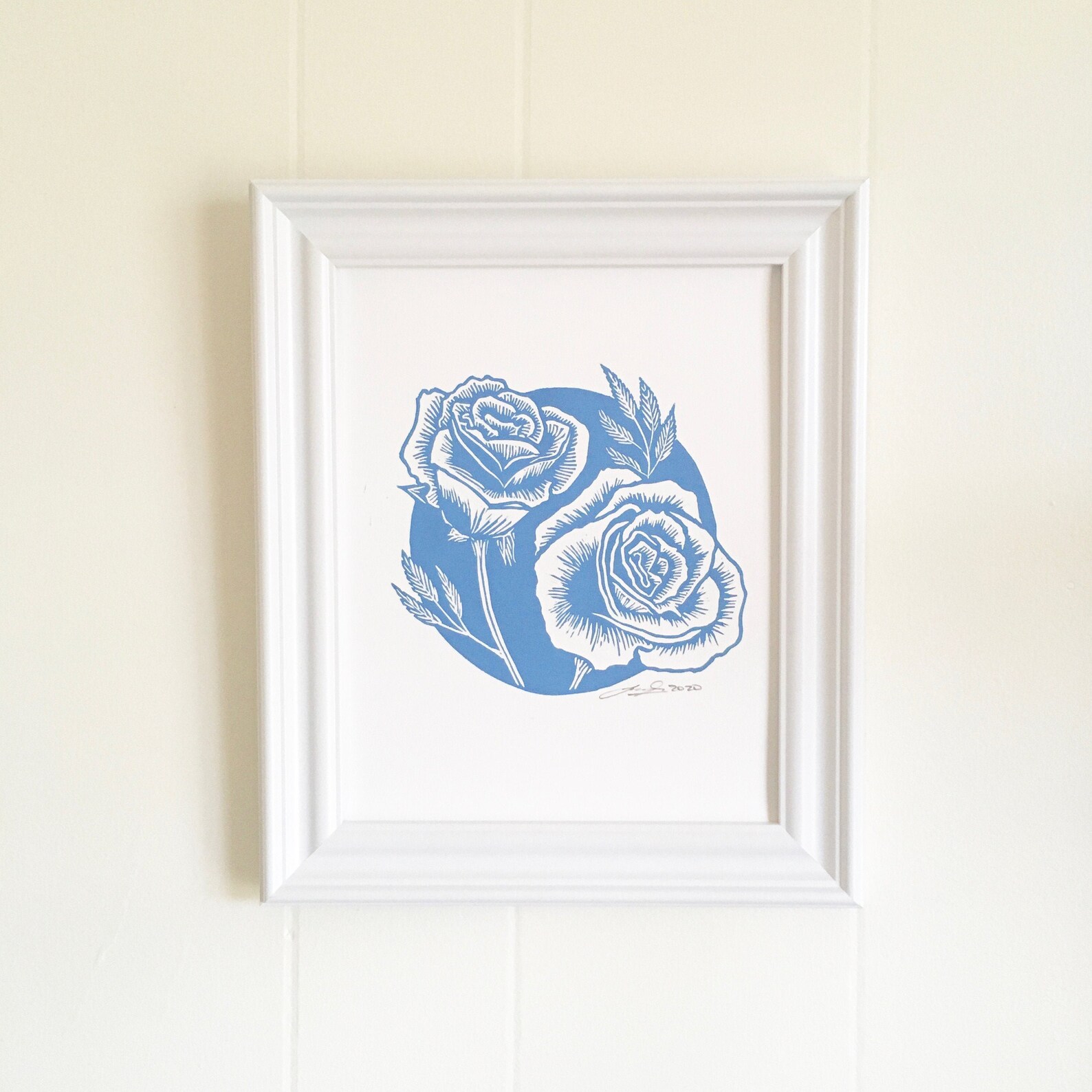 Blue Roses Original Linocut Art Print, Botanical Wall Art, Floral Print ...