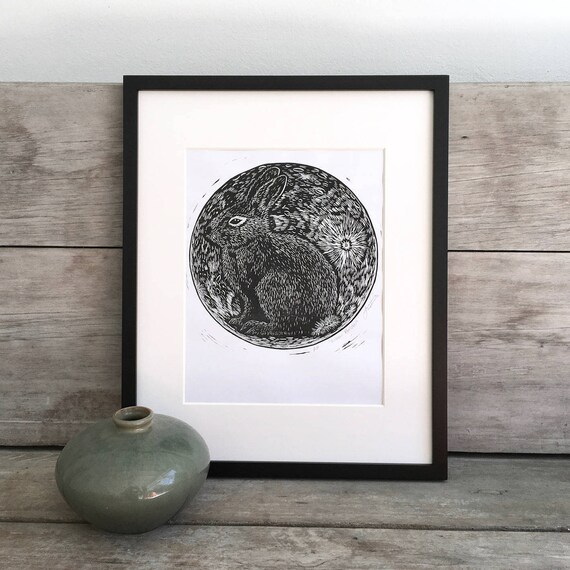 Moon Rabbit Original Linocut Art Print Black and Silver | Etsy