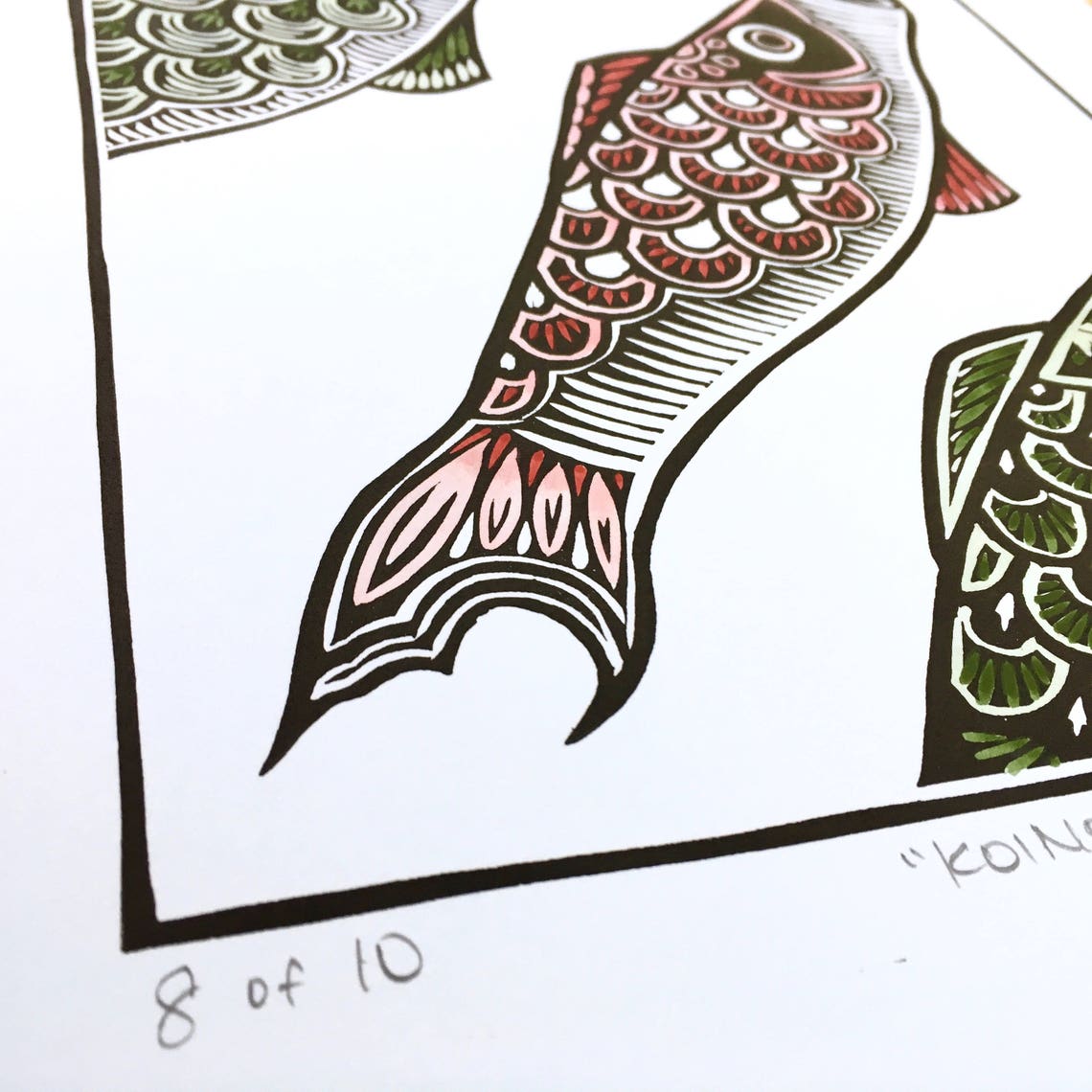Koi Fish Koinobori Linocut Art Print Red and Green | Etsy