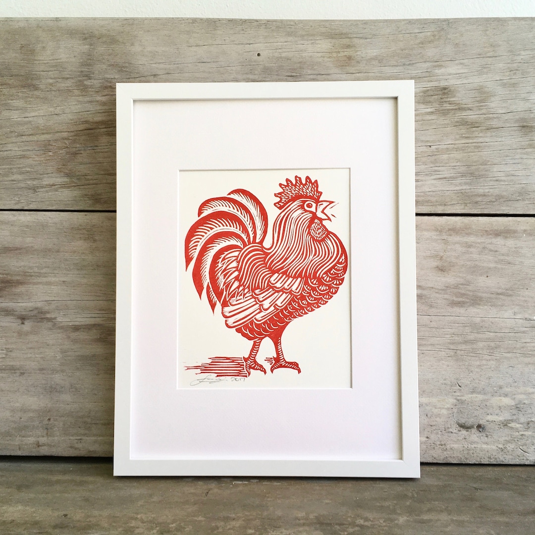 Rooster Original Linocut Print, Red or Black - Etsy