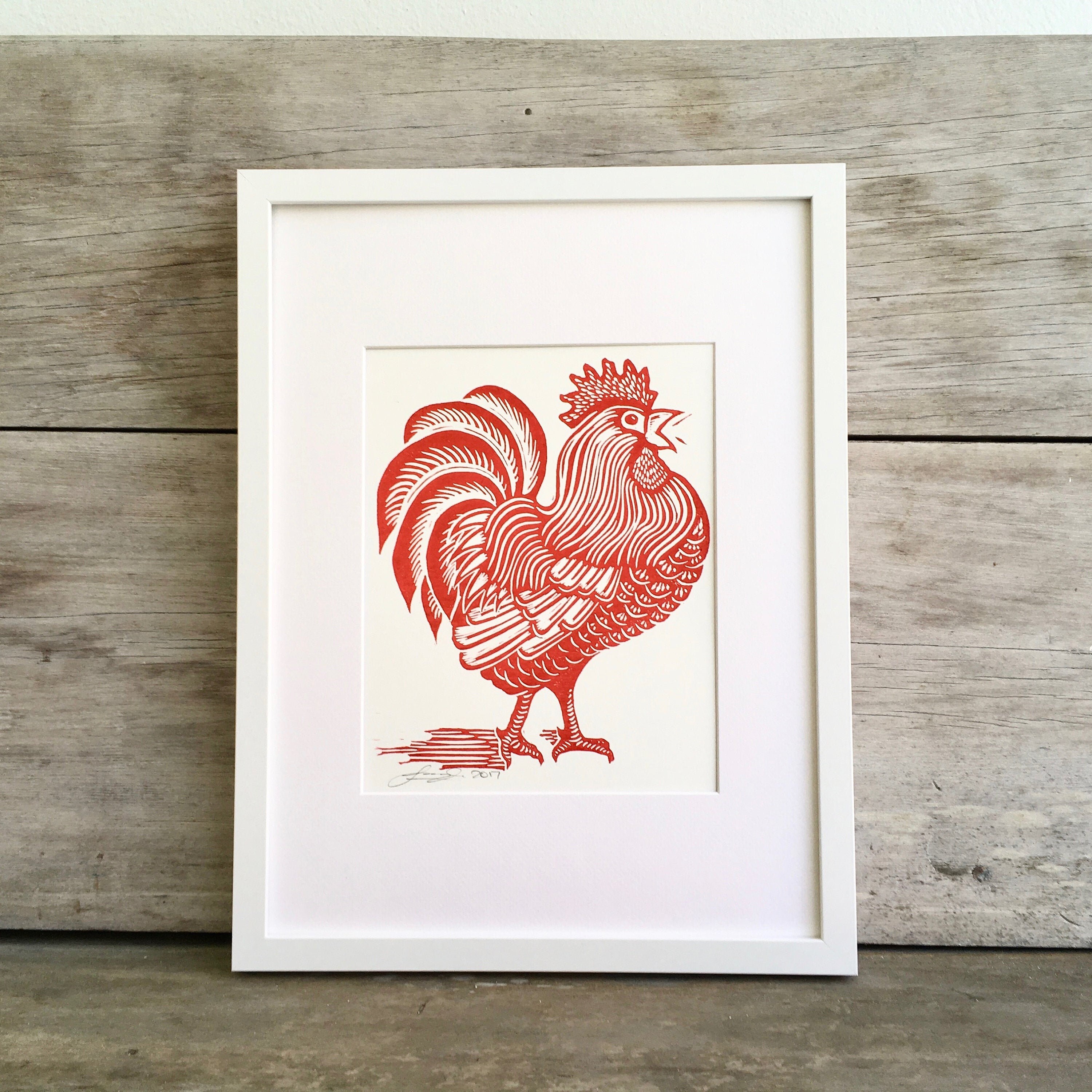 Rooster Original Linocut Print, Red or Black - Etsy