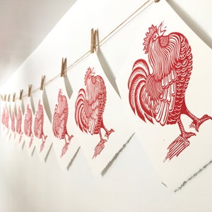 Rooster Original Linocut Print, Red or Black - Etsy
