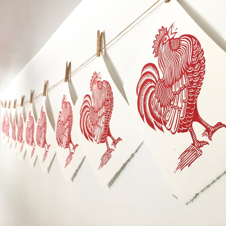 Rooster Original Linocut Print, Red or Black - Etsy