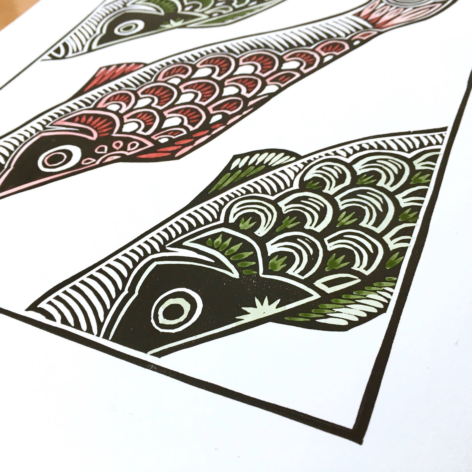 Koi Fish Koinobori Linocut Art Print Red and Green | Etsy