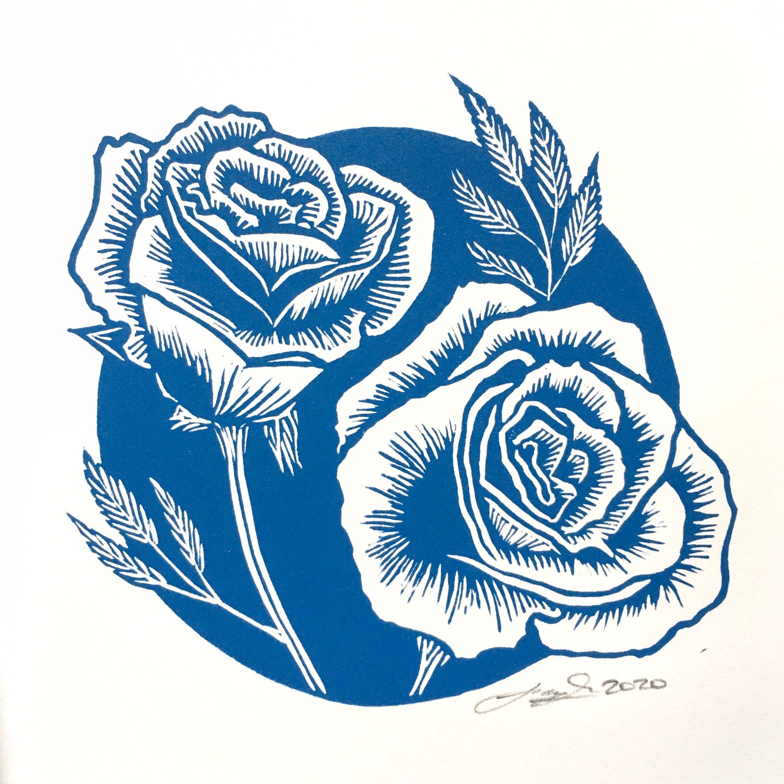 Blue Roses Original Linocut Art Print, Botanical Wall Art, Floral Print ...