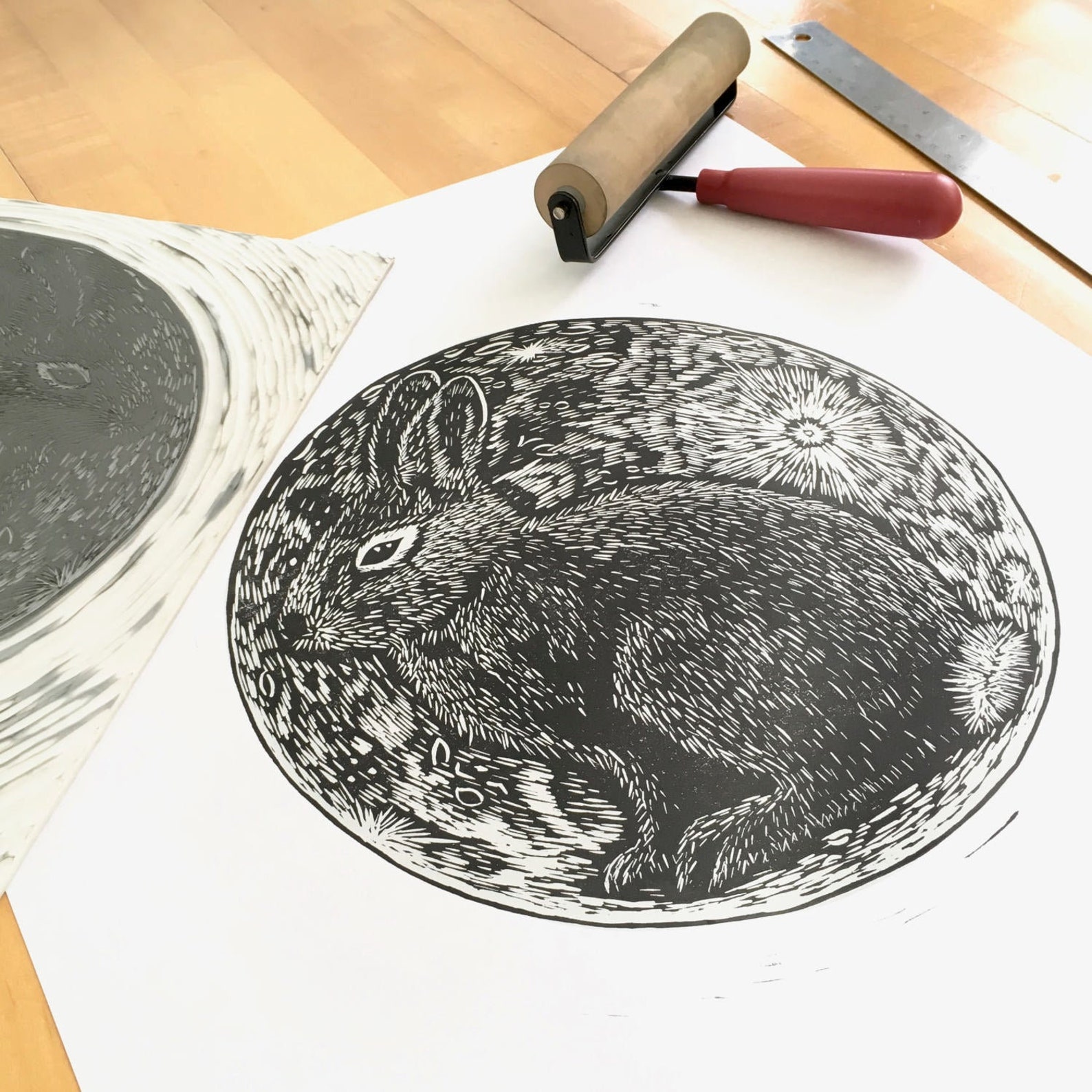 Moon Rabbit Original Linocut Art Print Black and Silver | Etsy