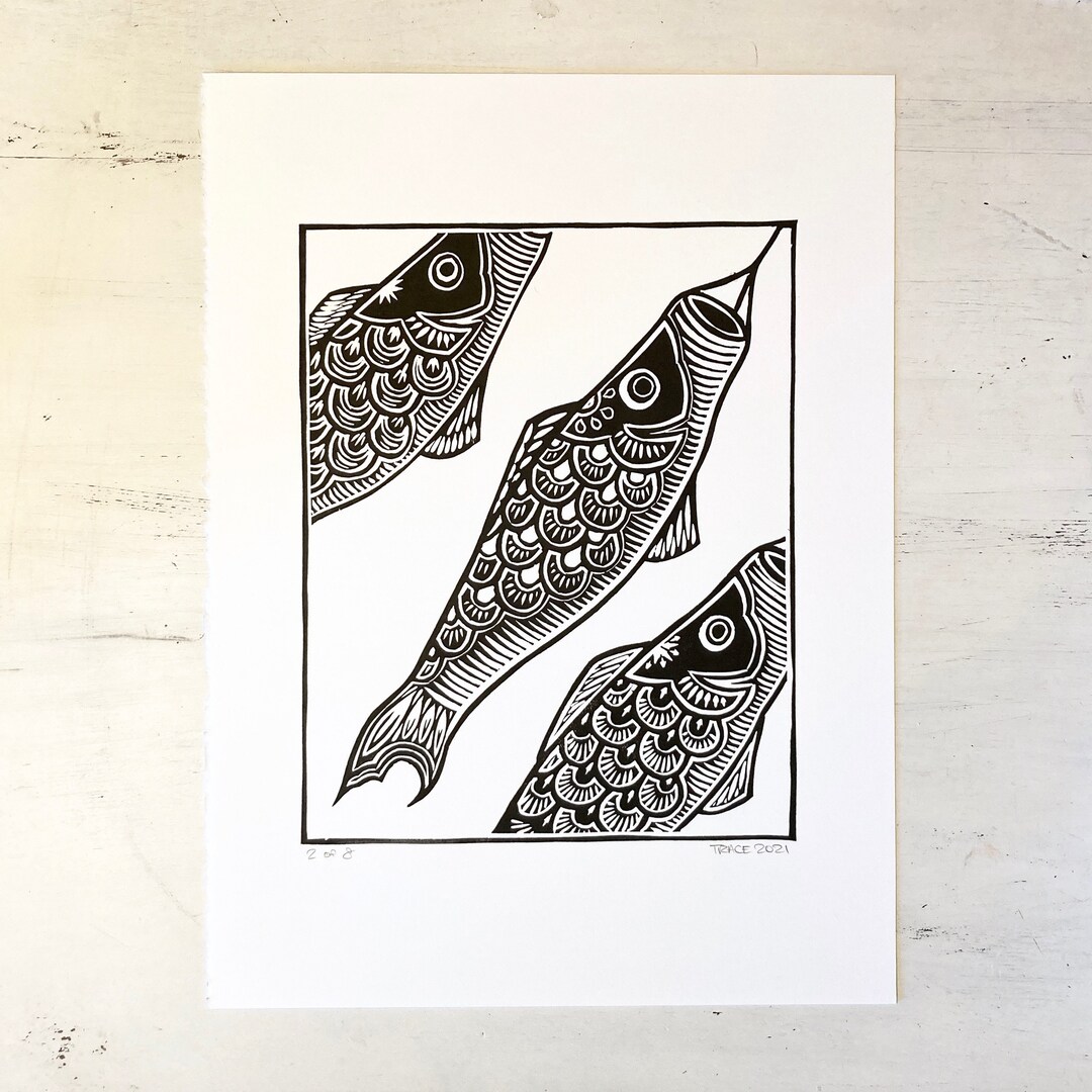 Koi Fish, Koinobori, Carp Flag, Original Linocut Art Print - Etsy