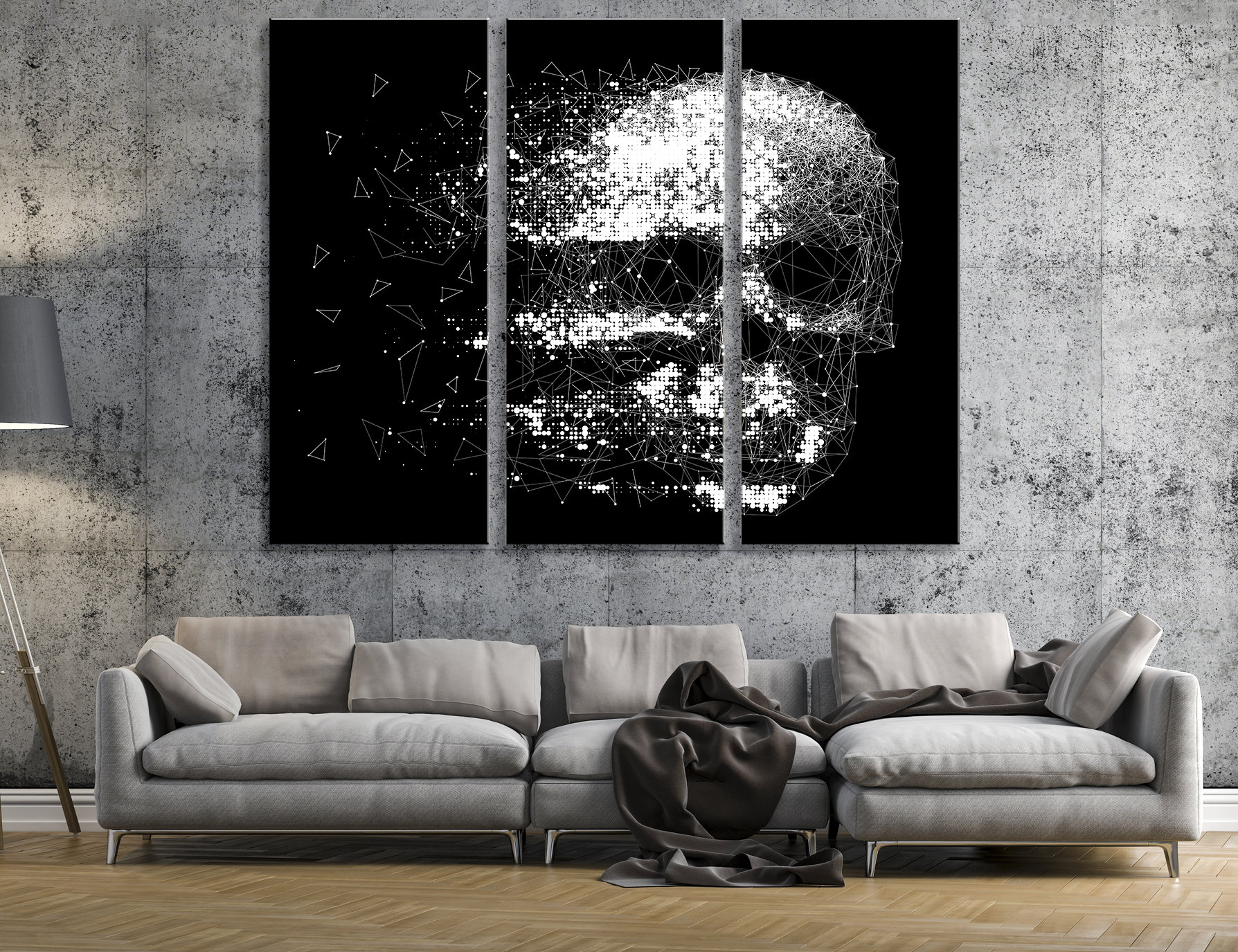 Vector Skull Illustration Network Lines Grungy Black White Background ...