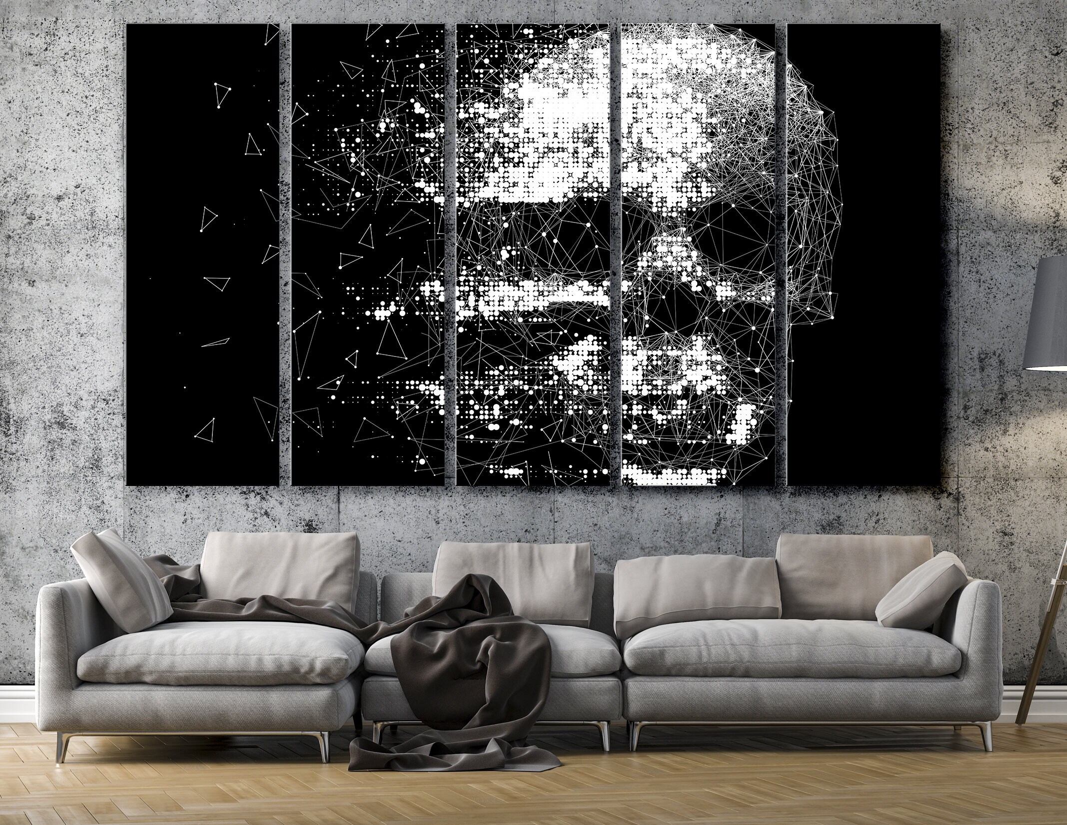 Vector Skull Illustration Network Lines Grungy Black White Background ...